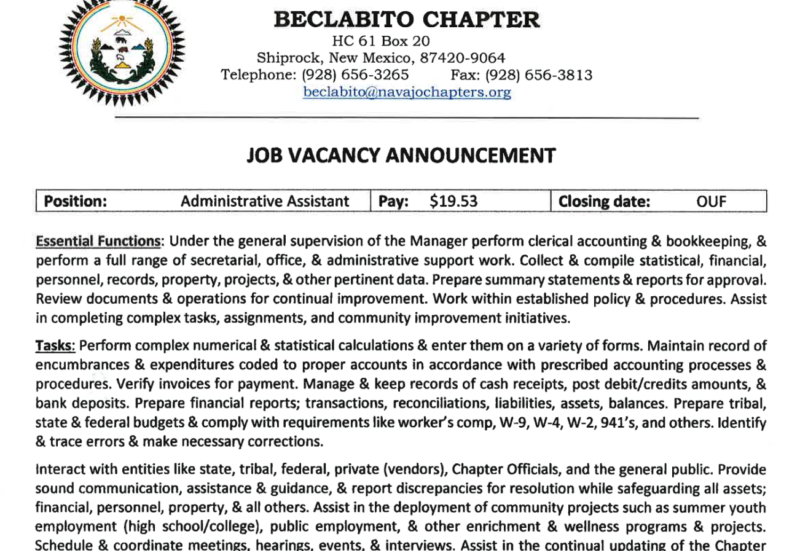 Beclabito Vacancy Announcement | Navajo Nation Division of Community ...